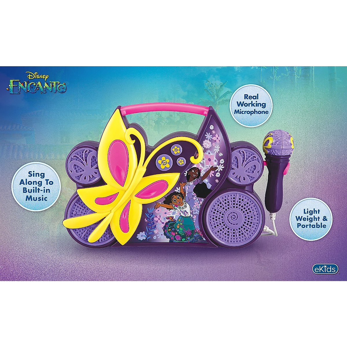 eKids Disney Encanto Sing Along Boom Box Speaker with Microphone for Fans of Disney Toys, Kids Karaoke Machine with Built in Music