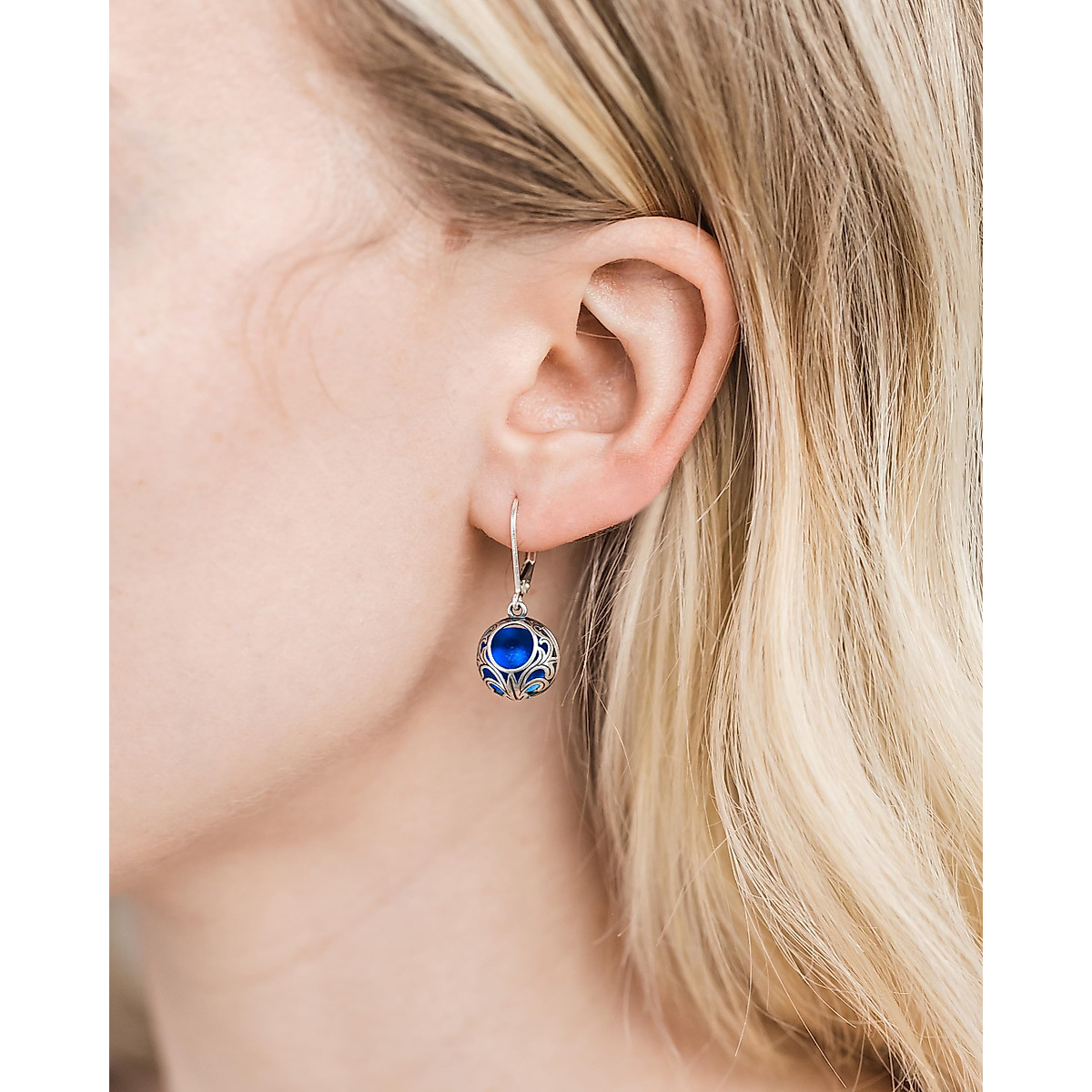 Bottled Up Designs Handmade Vintage Lace Leverback Earrings, Recycled 1960s Cobalt Skin Cream Jar Glass, Sterling Silver, Eco Friendly, Made in USA, Birthday Gifts, Mothers Day, Women, Anniversary