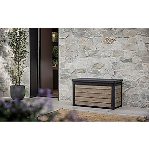 Keter Ashwood 100 Gallon Resin Deck Box Organization and Storage for Patio Furniture Outdoor Cushions, Throw Pillows, Garden Tools and Pool Toys, Brown