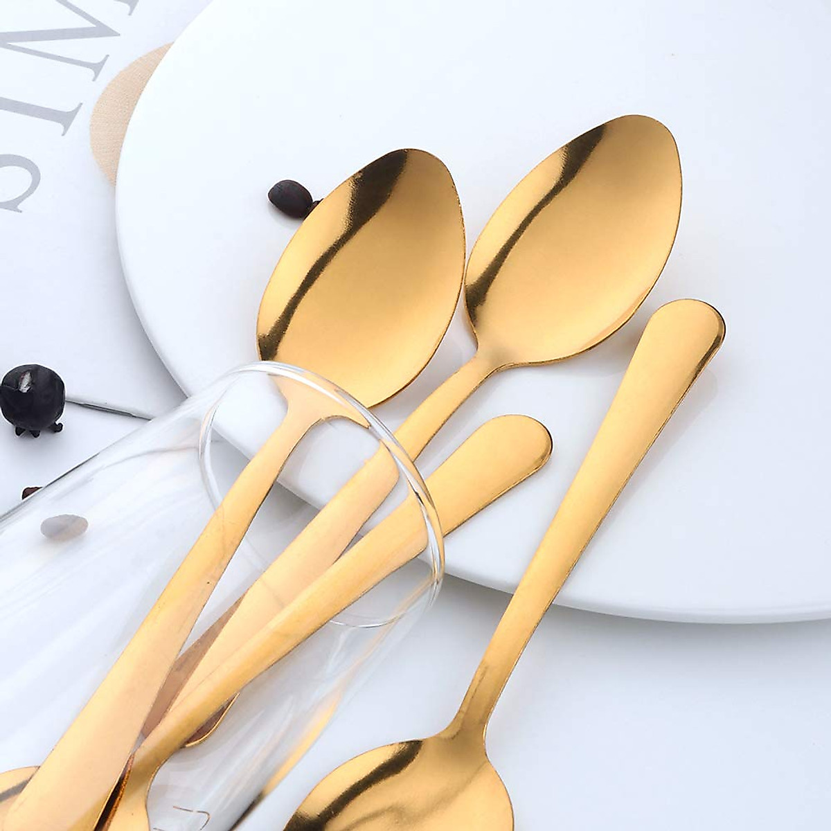Gold Dinner Spoon 12-Piece Stainless Steel Dessert Spoon, BUY&USE 6.9 Inches Dinnerware Set