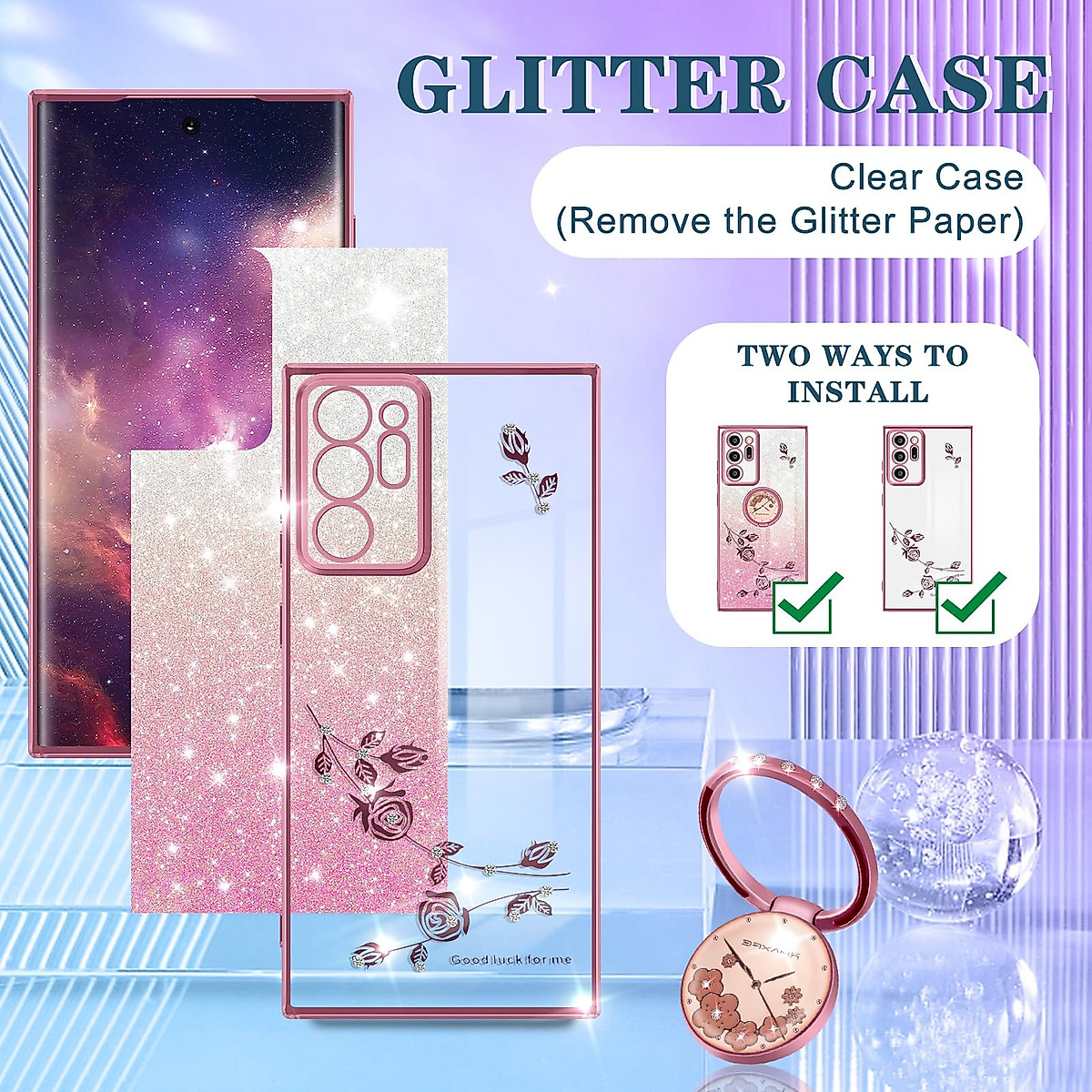 Coralogo (3in1 for Samsung Galaxy Note 20 Ultra Case Glitter Sparkly for Women Girls Bling Shiny Phone Cover Cute Flowers Floral Unique Design with Ring Pretty Cases for Galaxy Note 20 Ultra 5G 6.9''