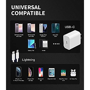 20W Watt Power Charging Adapter Lightning to USB C Fast PD Wall Charger Block With 5ft Cable Quick Box Compatible for IPhone 11 12 PRO MAX MINI XS XR SE2 X 8Plus Ipad ARI Airpod Cord Samsung Type Plug