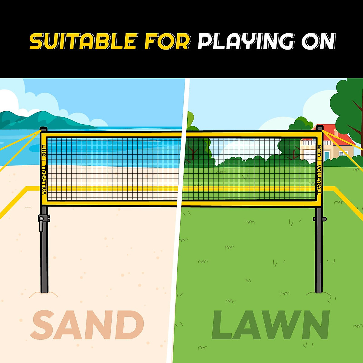 A11N Heavy-Duty 32ft Outdoor Volleyball Net with Anti-Sag System - Portable Set Includes Volleyball, Net, Air Pump, Boundary Markers and Bag - Perfect for Backyard, Beach, and Park