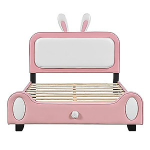 YSWH Full Size Upholstered Rabbit Shaped Princess Bed, Wood Platform Bed Frame with Bunny Ears Headboard and Bunny Tail Footboard, Kids Bedroom Furniture Fun Cute Rabbit Bed Pink Bed