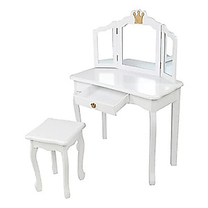 Children's Princess Dressing Table,Princess Dressing Table with Drawers and Tri-fold Mirror,Children's Dressing Table with Chair Set, Detachable Top Study Table,White