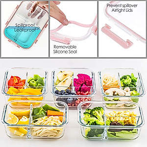 C CREST 5-Pack,3 Compartment Glass Meal Prep Containers Set,34oz, Divided Glass Food Storage Containers with Lids, Glass Lunch Box with Dividers