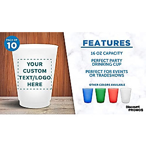 Custom Frosted Plastic Stadium Cups, 10 pack, Promotional Text, Logo, 16 oz. Shatterproof Flexible Reusable Party Cups, Pearl White