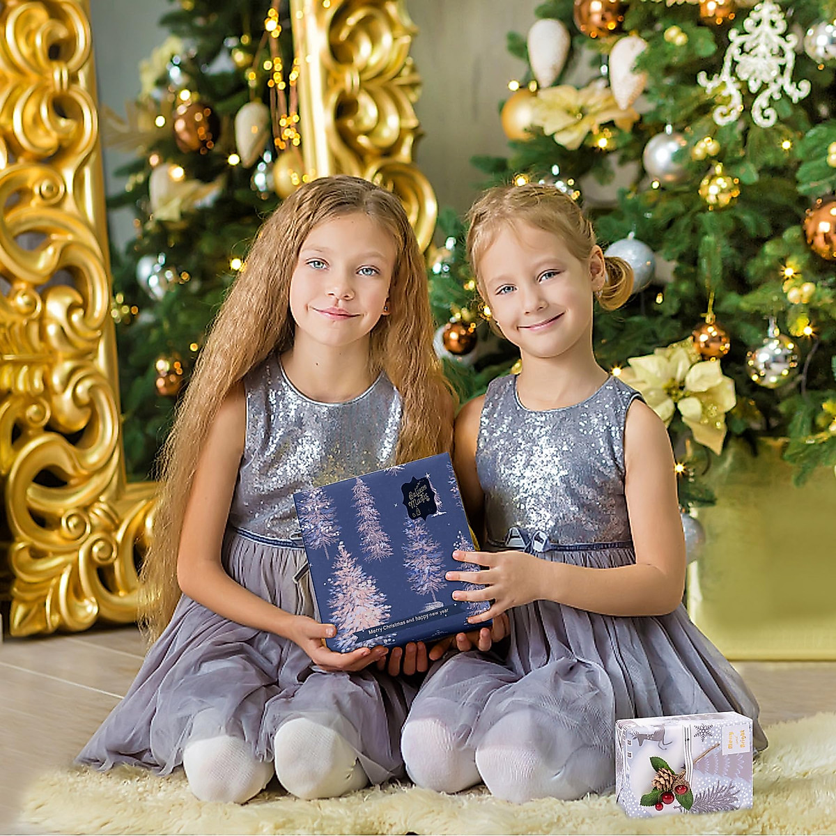 Larcenciel Christmas Wrapping Paper, 8 Sheets Pine Snowflakes Gift Wrapping Paper w/Gift Tag Ribbons Stickers, Xmas Thick Kraft Gift Wraps Set for Christmas New Year Holiday Birthday Party,27.6x19.7in