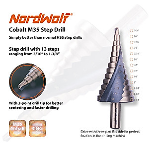 NordWolf M35 Cobalt SAE Step Drill Bit, Spiral Groove Double Flute Multiple Hole Unibit for Stainless Steel & Metal Sheet, 13 Imperial Step Sizes 3/16" to 1-3/8"