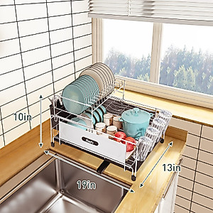 Hasfu Large Dish Drying Rack with Drainboard Set, 2 Tier Stainless Steel Dish Racks for Kitchen Counter, with Drainboard, Utensil Holder, Glass Holder,Silicone Anti-Skid Support (Black)