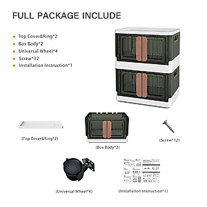 Stackable Storage Bins With Lids,8.2 Gal Collapsible Storage Bins with Doors,2 Packs Foldable Storage Organizer Box with Wheels for Home,Office,Bedroom,Living Room,Dorm Room Essentials(White&Green)