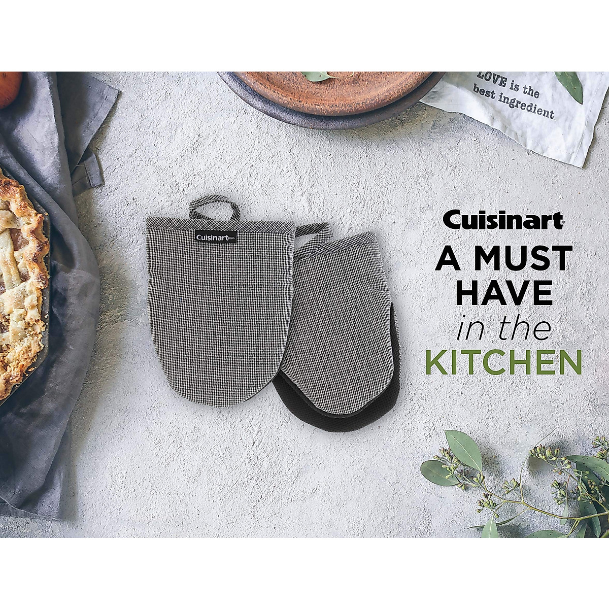 Cuisinart Farmhouse Neoprene Mini Oven Mitts, 2pk - Heat Resistant Pot Holders to Protect Hands with Non-Slip Grip and Hanging Loop - Ideal for Handling Hot Cookware - Micro Houndstooth