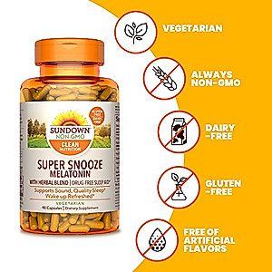 Sundown Super Snooze Melatonin 5mg Plus Herbal Blend, Supports Sound, Quality Sleep, 90 Capsules