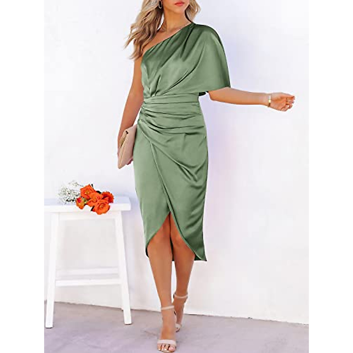 ANRABESS Women Satin One Shoulder Short Sleeve Ruched Bodycon Wrap Cocktail Party Midi Dress 2023 Graduation Prom Dresses Elegant Wedding Guest Evening Night 891anlv-M Army Green