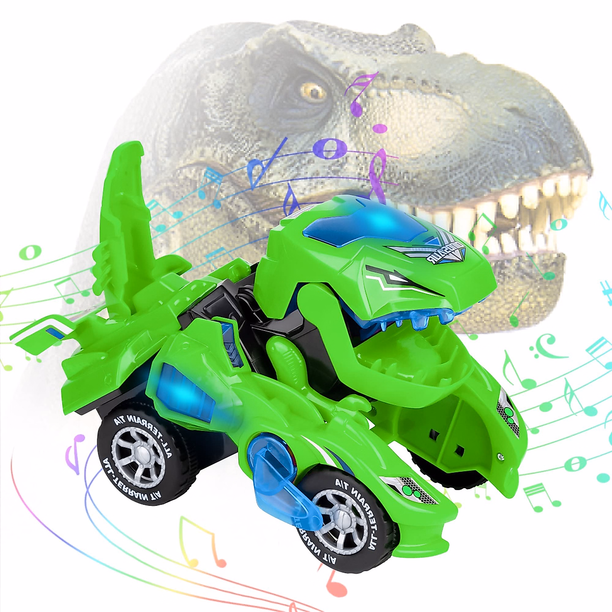 Bezzoni Transforming Dinosaur Car Toys, 2 in 1 Automatic Dinosaur Transform Car with LED Light and Music, Dinosaur Transform Toys for Kids 3-5 (Green)
