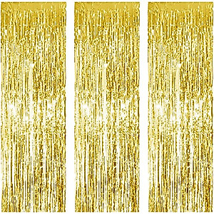 3 Pack Foil Curtains Metallic Foil Fringe Curtain for Birthday Party Photo Backdrop Wedding Event Decor (Gold)