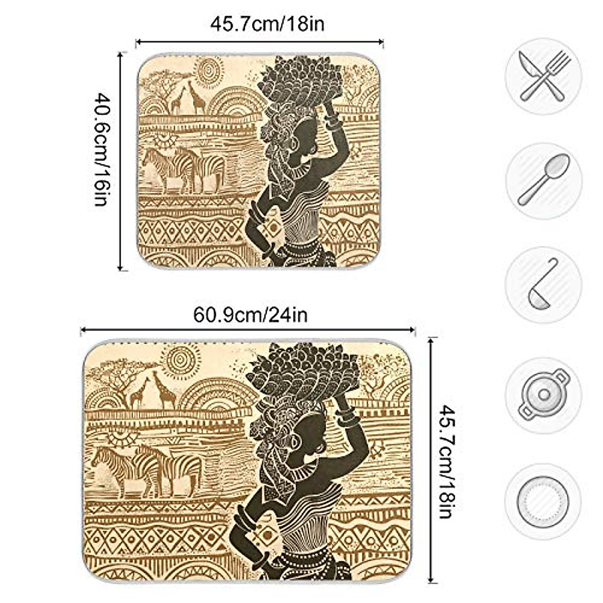 African Woman Silhouette Dish Drying Mat 24"x18" Absorbent Machine Washable Hanging Fast Dry Pad Dish Protective Mat for Kitchen Countertop Heat Resistant Dinner Table Mat