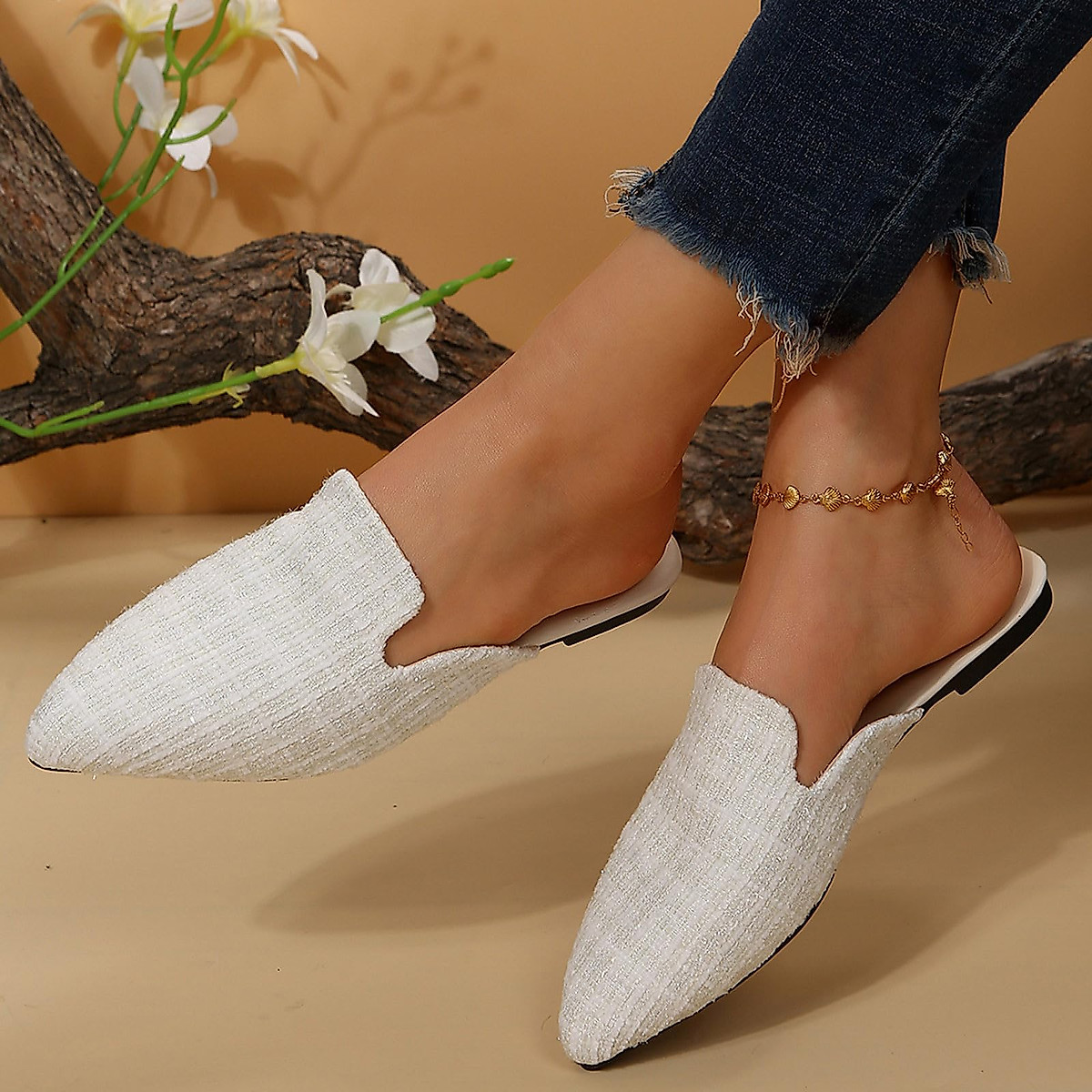 Women's Fashion Casual Slip On Loafers Ladies Fashion Solid Color Cloth Top Pointed Flat Bottom Casual Half Slipper Single Shoes Workout Sneakers Gym Outdoor Shoes (White, 7)