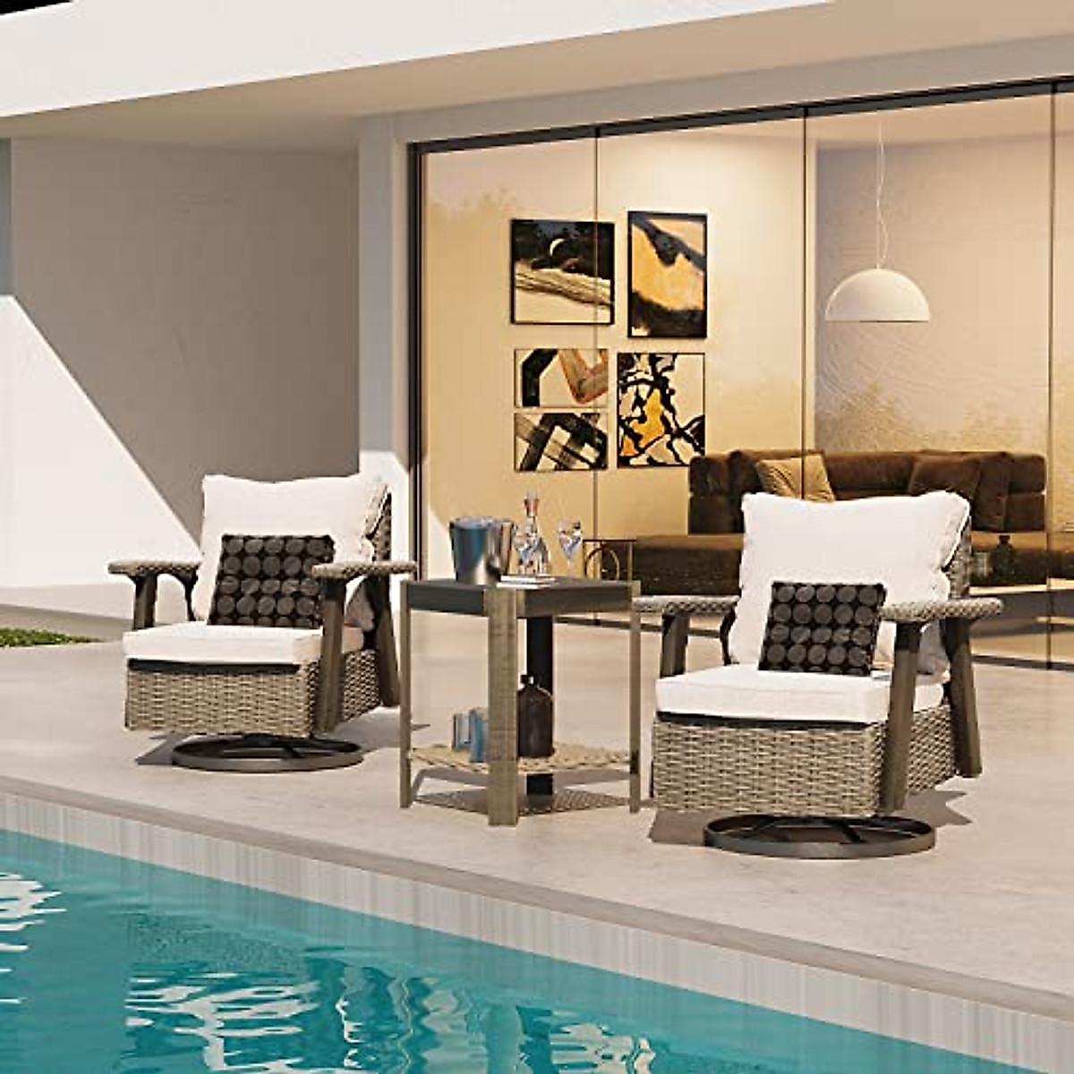 MeetLeisure 3-Piece Patio Wicker Bistro Set - Outdoor Porch Swivel Rattan Chairs Set of 2 with Matching Coffee Table & Premium Fabric Cushion, Beige