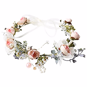 Vivivalue Pearl Flower Crown Floral Garland Headband Flower Halo Headpiece Hair Wreath Boho with Ribbon Party Wedding Festival Photos Pink