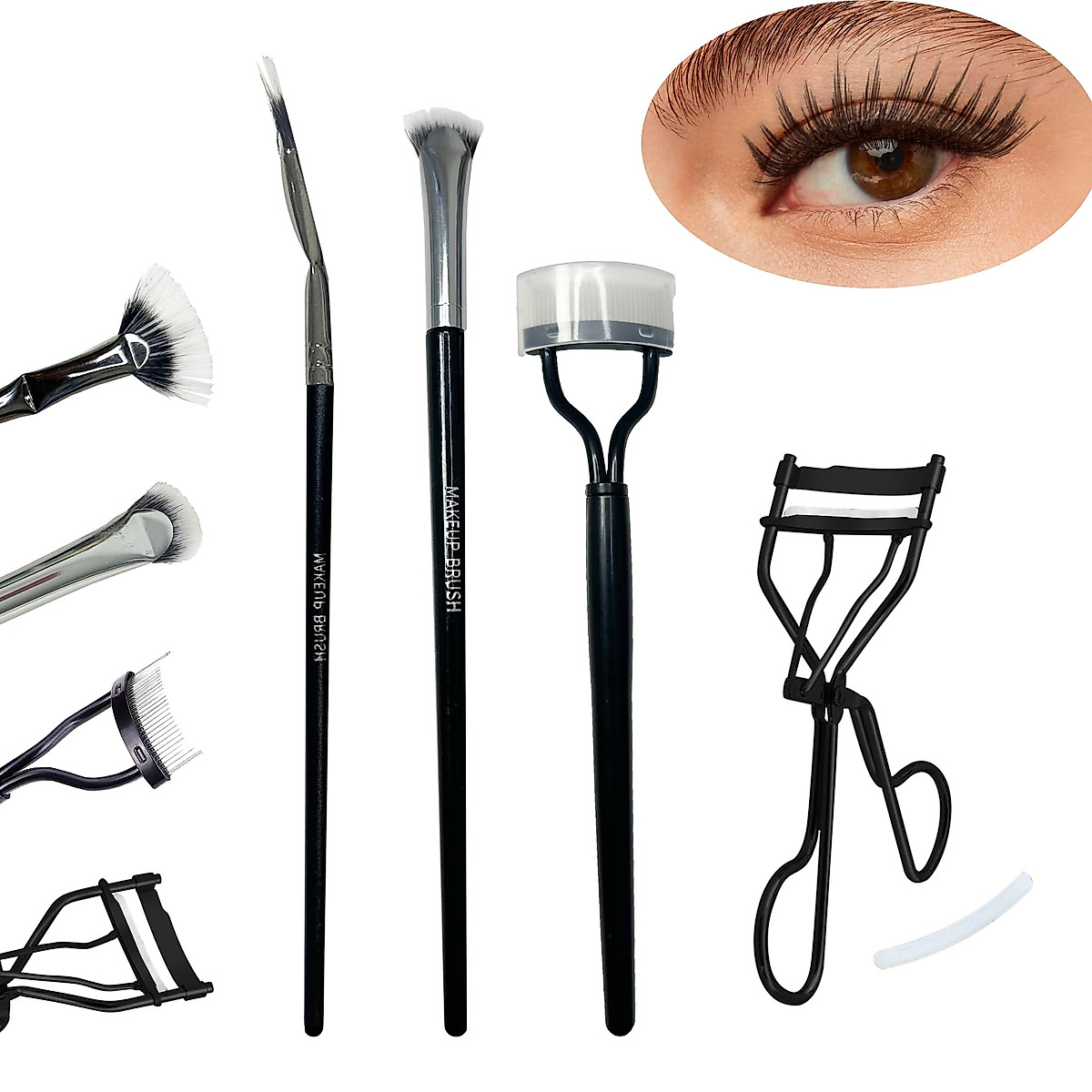 4Pcs Mascara Fan Brush Kit Eyelash Separator Tool Eyelash Curler Lash Wand Brush Fan for Natural Lifted Effects Eyelash Comb Eye Lashes Makeup Tools with 2 Silicone Refills Pads for Women Girls