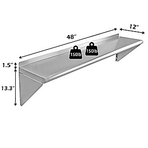 STEELBUS 12''x48'' - 2packs Wall Mounted Stainless Steel Shelf NSF Commercial Metal Wall Mount Floating Shelving for Kitchen, Restaurant, Food Truck,Garage,Washrooms,Home&Hotel