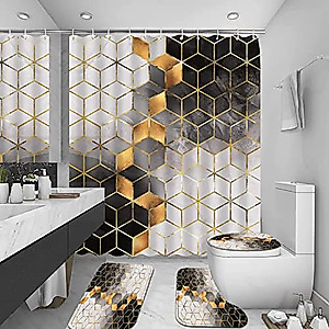 LQCOOL 4Pcs Black Gradient Shower Curtain Set,Black Marbling Shower Curtain Set Golden Cubic Lines Bathroom Set Texture Modern Art Bath Accessories with Mats