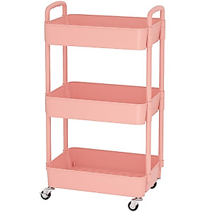 Sywhitta 3-Tier Plastic Rolling Utility Cart with Handle, Multi-Functional Storage Trolley for Office, Living Room, Kitchen, Movable Storage Organizer with Wheels, Pink