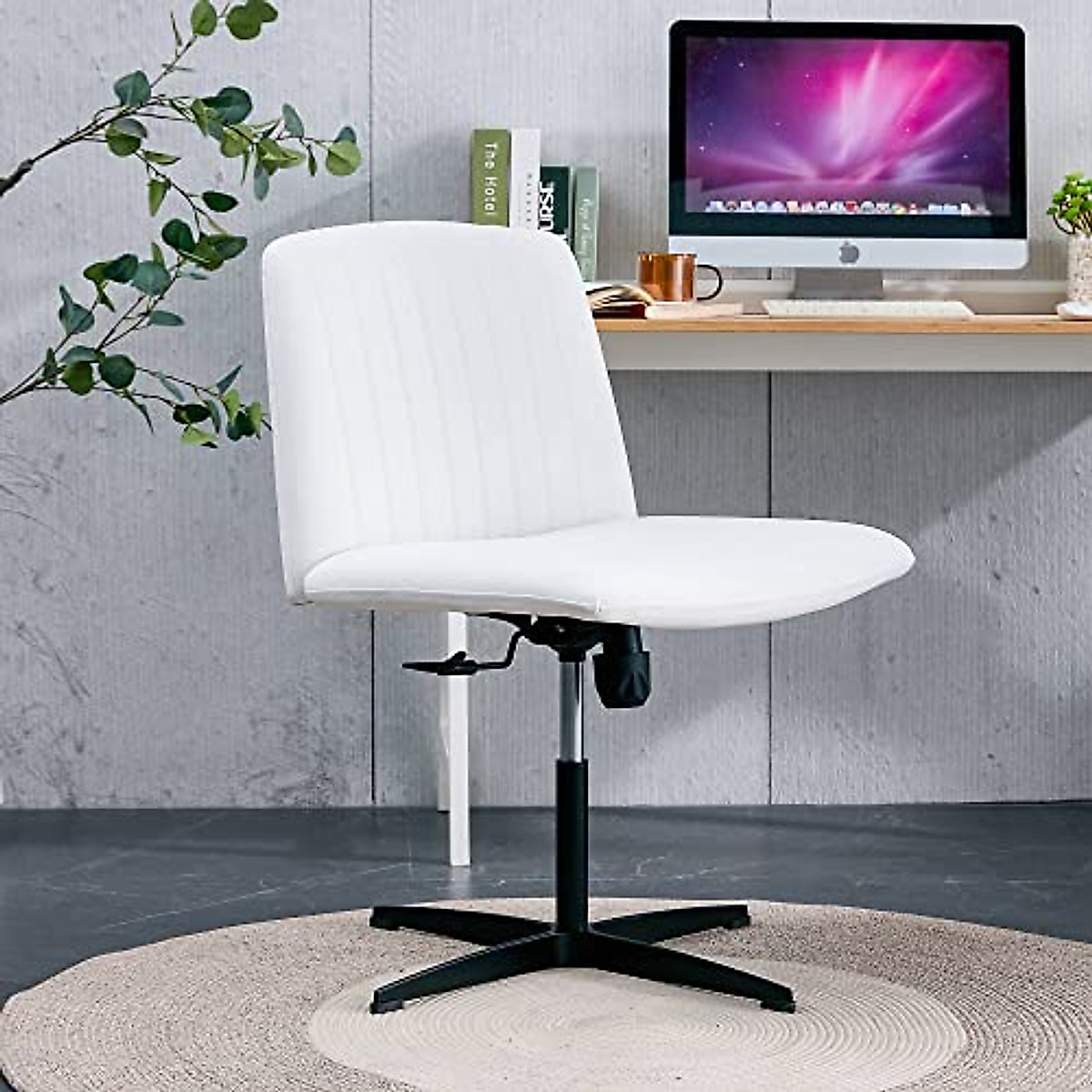 Swivel Armless Chair No Wheels,PU Leather Computer Chair,Height Adjustable 360°Swivel Office Chair with Black Foot and Padded Cushion,Study Desk Chair Makeup Chair for Living Room Office,White