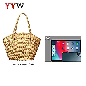 YYW Women Straw Shoulder Bag Summer Beach Handwoven Straw Handbag Vintage Holiday Purse Bag (Khaki)