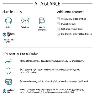 HP Laserjet Pro 4001dw Single-Function Wireless Monochrome Laser Printer - Print only - 2-line Back lit LCD Display, 42 ppm, 1200 x 1200 dpi, Auto 2-Sided Printing, 8.5 x 14, Ethernet