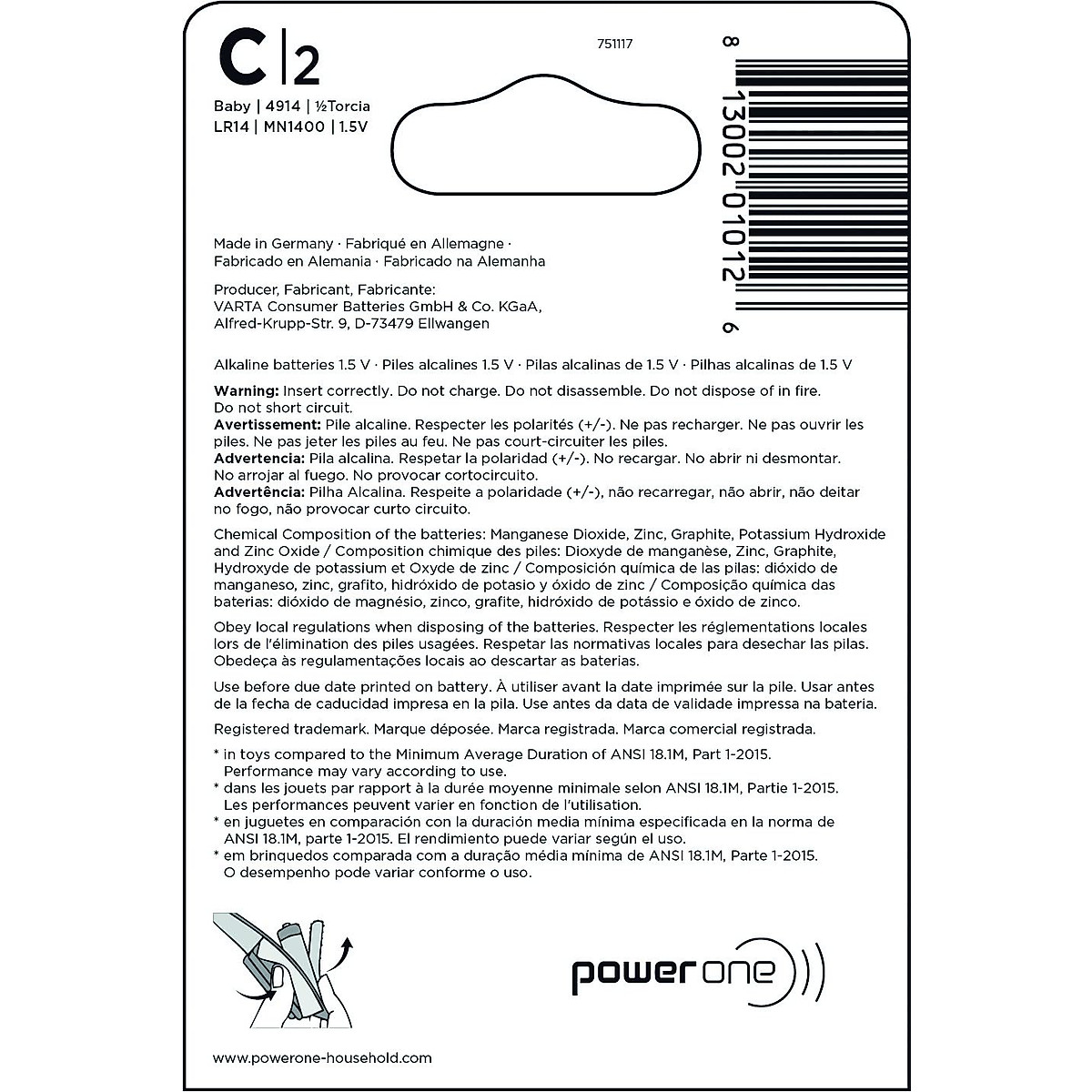 Power ONE LONGLIFE Power C Battery | Long Performing Alkaline Batteries Made in Germany with Up to 10 Years Shelf Life - Pack of 2
