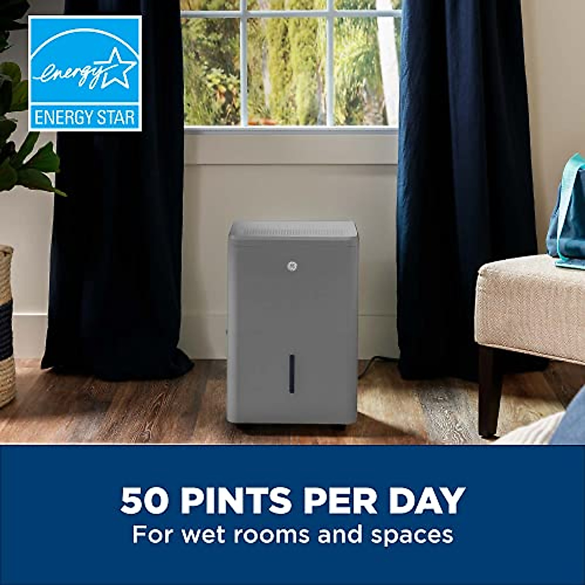 GE Smart Energy Star Portable Dehumidifier w/WiFi for Basement, Bedroom, Bathroom, Garage, Large Rooms up to 4500 Sq Ft, 50Pint w/Removable Bucket & Continuous Drain Connect for Auto/Manual Drainage