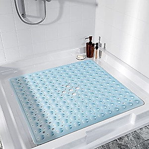 Yimobra Shower Bathtub Mat Non Slip, 21x21 Inch, Soft Square Bath Mat for Tub with Suction Cups and Drain Holes, Stall Floor Mats for Bathroom, Machine Washable, Bathroom Accessories, Light Blue