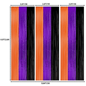 Halloween Backdrop Curtains 3 Pack 8.5X9.84 ft Halloween Party Photo Backdrop Black Orange Purple Photo Booth Props Metallic Tinsel Foil Fringe Curtain for Halloween Party Decoration Supplies