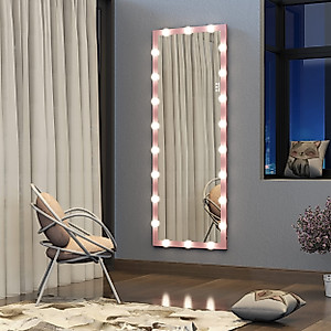 Tidyard Luxury Wall Standing Bedroom Hotel Full Length Mirror with LED Bulbs Touch Control Full Body Dressing Pink Hollywood Vanity Mirror with 3 Color Lights