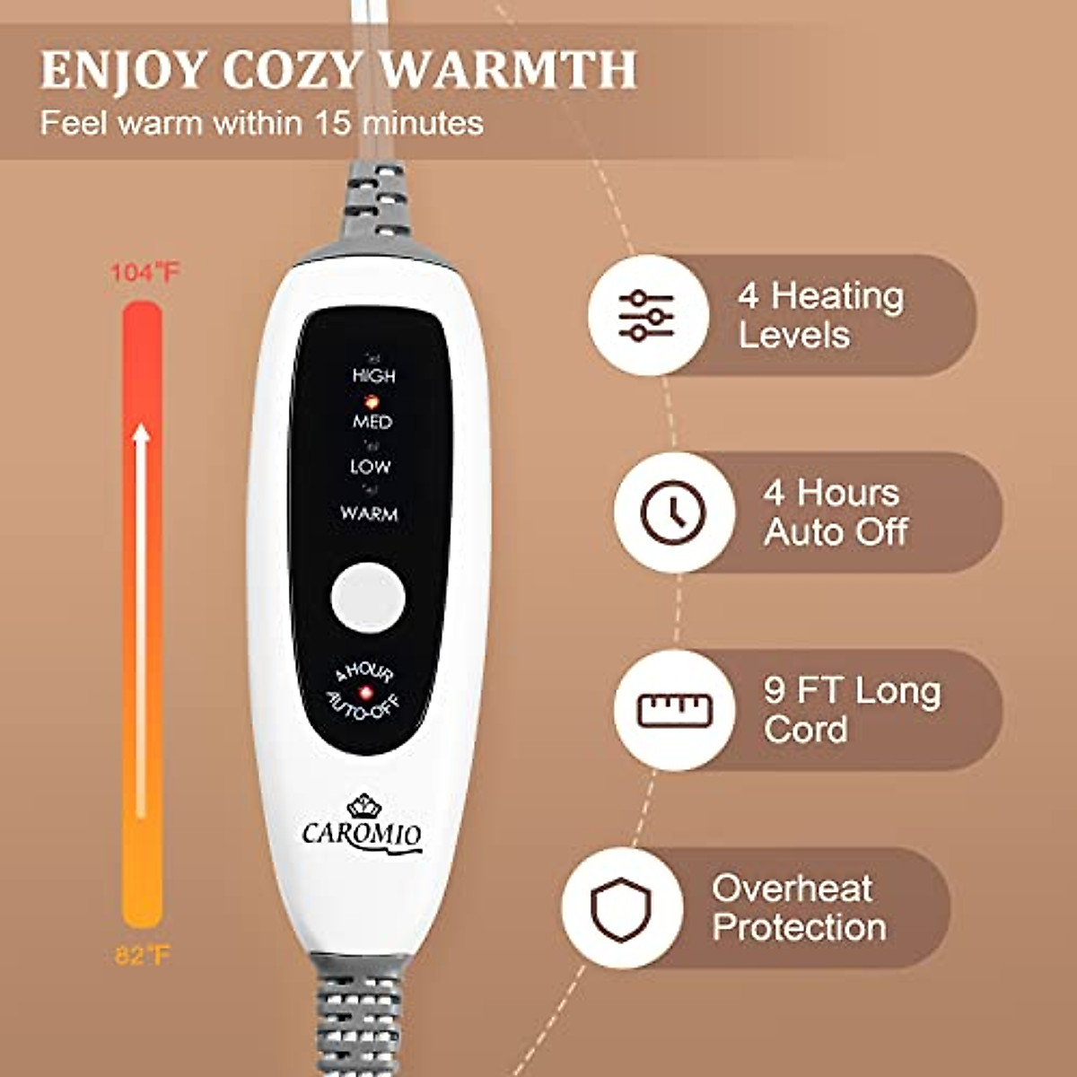 CAROMIO Electric Heated Blanket Throw, 4 Heating Levels & 4 Hours Auto Off, Thick Flannel & Sherpa Reversible Electric Blanket, Fast Heating Blanket Throw with Overheating Protection, Brown 50" x 60"