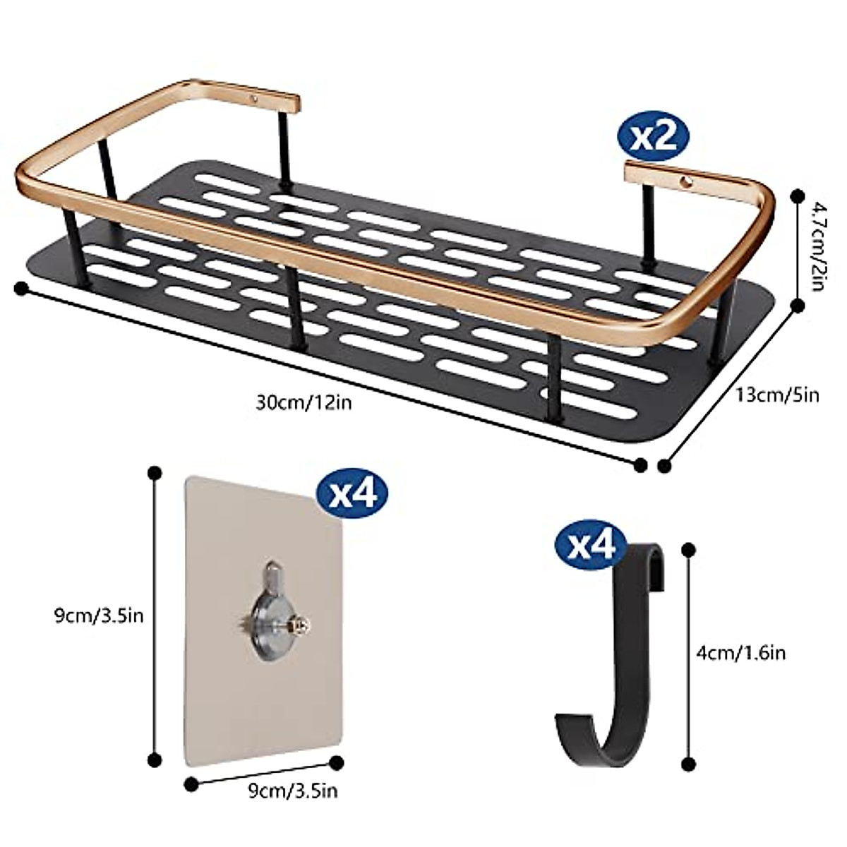 YHANEC 2 Pack Shower Caddy No Drilling Traceless Adhesive Shower Shelves Rustproof Space Aluminium Bathroom Shower Organizer with Hooks for Bathroom, Restroom, Kitchen