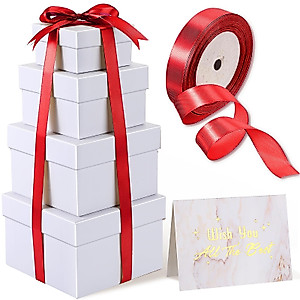 Marspark 4 Pcs Valentine‘s Day Nesting Gift Boxes with Lids Mixed Size Square Nested Boxes Stackable Gift Boxes Present Wrap Gift Box with Ribbon Gift Card for Presents Birthday Party Favor(White Box)