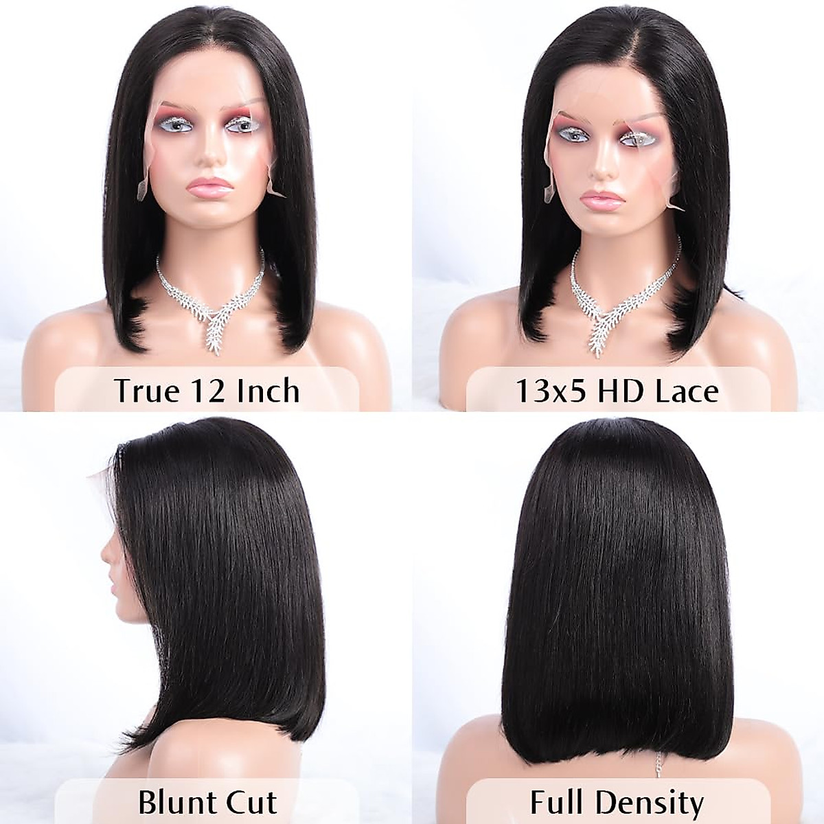 Flady 12 inch Straight Bob Wig Human Hair 13x4 HD Frontal Lace Wig Short Bob Wigs for Women Glueless Bob Lace Front Wigs Human Hair Pre Plucked 150% Density Natural Black Color
