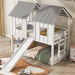 Bunk Bed Twin Over Twin, Twin Bunk Beds with Slide and 3 Steps Ladder, Wood House Bunk Bed, Low Bunk Beds Twin Over Twin for Girls, Boys and Teens