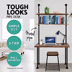 LOKKHAN 79-inch Industrial Laptop Desk Solid Wood Computer Desk Wall Pipe Desk with Shelves Computer Table for Home Office (L:40 inch)