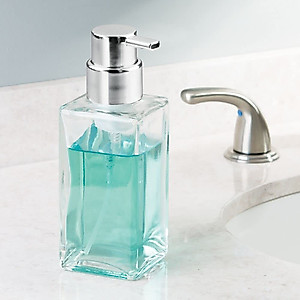 mDesign Modern Square Glass Refillable Foaming Hand Soap Dispenser Pump Bottle for Bathroom Vanities or Kitchen Sink, Countertops - Clear/Chrome