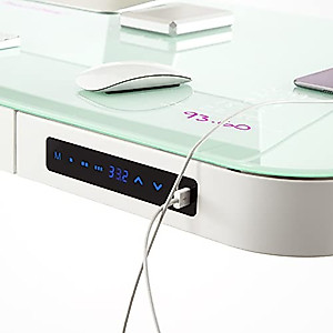 Seville Classics Airlift Electric Height Adjustable Desk with Tempered Glass Top, USB Charging Ergonomic Sit Stand Modern Home Office Workstation, 47.5" x 24" Pull Out Drawer, Artic White