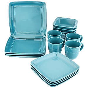American Atelier Square Dinnerware Sets | Turquoise Green Kitchen Plates, Bowls, and Mugs | 16 Piece Stoneware Madelyn Collection | Dishwasher & Microwave Safe | Service for 4