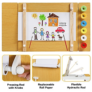 TODEFULL Kids Art Table and Chairs Set, 2 in 1 Kids Art Table, Wooden Activity Table with 2 Chairs, 8 Storage Canvas Bins, 6 Paint Cups and Paper Roll, Large Storage Desk for Writing Drawing, Natural