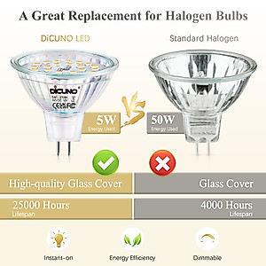 DiCUNO MR16 LED Bulbs Dimmable 50W Halogen Replacement 2700K Warm White, GU5.3 Bi-Pin Base Glass Cover 120 Degree Beam Angle 12V 5W 500 Lumens, Landscape Spotlight Track Recessed Lighting, 10 Packs