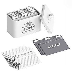 Barnyard Designs Old Country Brand Metal Recipe Box with Cards and Dividers 4 x 6, Vintage Farmhouse Recipe Card Box Holder, Tin Recipe Box Set 50 Recipe Index Cards, 12 Dividers 4x6 with Tabs, White