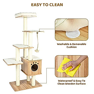 Arlopu Modern Wooden Cat Tree Tower, Cat Condo Furniture with Multi-Layer Platform, 67.3" Tall Large Cat Climbing Stand with Sisal Rope Scratching Post, Washable Plush Cushion for Kittens/Large Cats