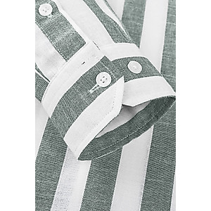 JMIERR Men's Old Money Aesthetic Cotton Linen Shirts Casual Stylish Long Sleeve Button-Up Vertical Striped Dress Shirts Summer Beach Shirt for Men, XL, Grey Green and White Stripe